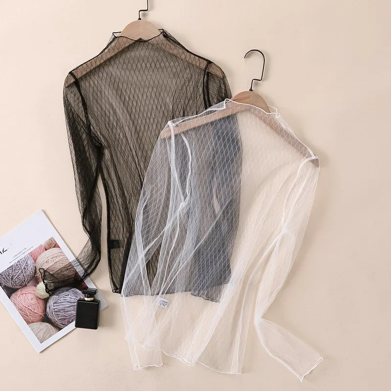 Women-Sexy-Mesh-See-Through-T-Shirt-Long-Sleeve-Hollow-Out-Blouse ...