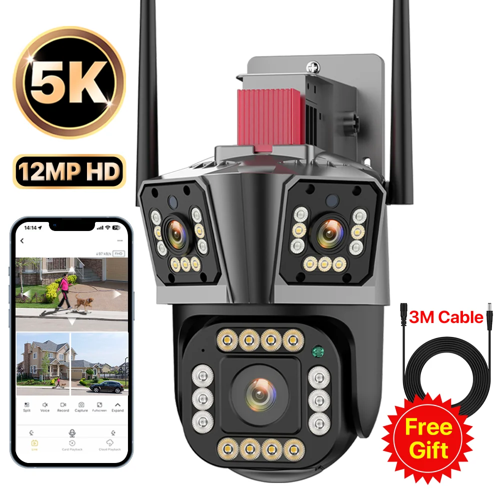 Outdoor PTZ Camera 5K HD Wifi IP Camera 12MP Three Lens-three Screen ...