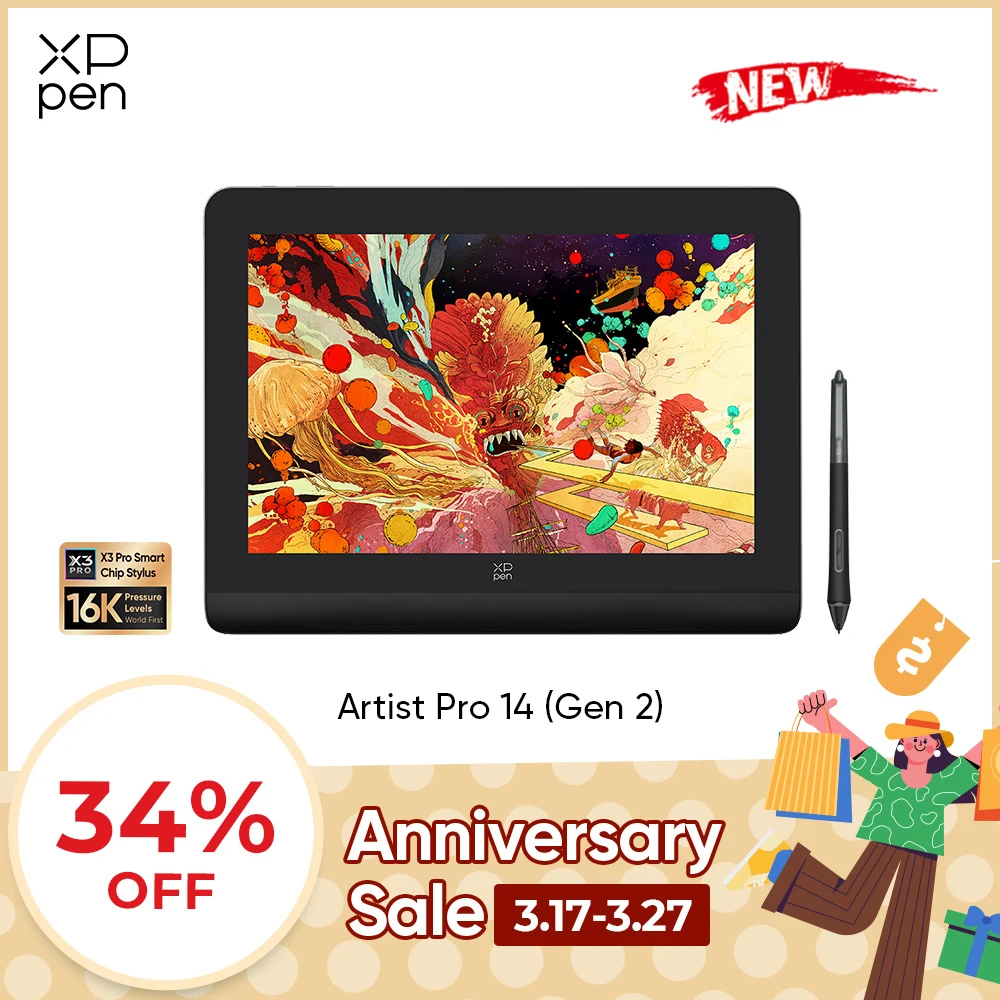 XPPen Artist Pro 14 16K Pressure Levels Graphic Tablet Monitor Free Keyboard Stand Support Tilt ...