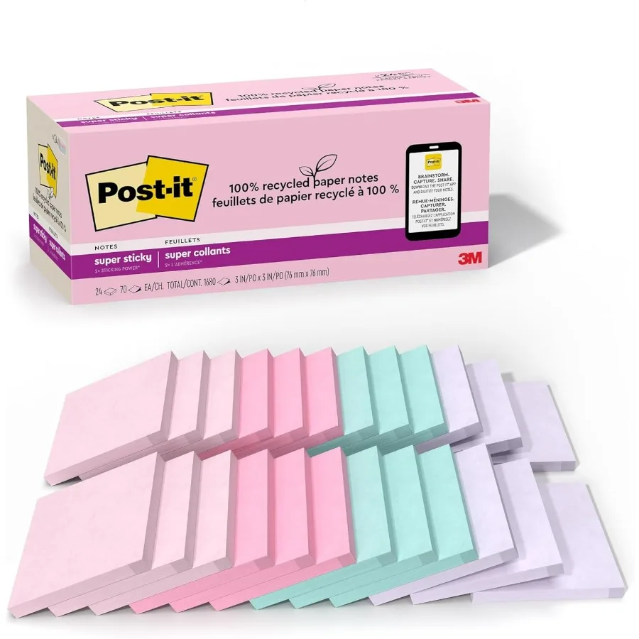 100 Recycled Paper Super Sticky Notes with 2X the Sticking Power 3x3 ...