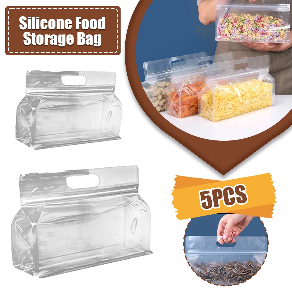 5Pcs-Silicone-Food-Storage-Container-Leakproof-Reusable-Stand-Up-Zip ...