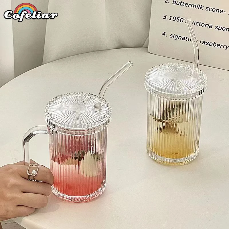 390Ml-Coffee-Mug-Simple-Stripe-Glass-Cup-With-Lid-and-Straw-Transparent ...
