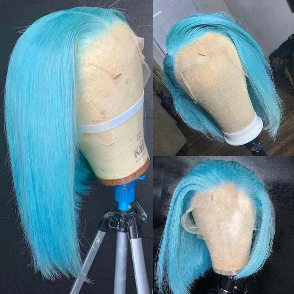 Light Blue Bob Synthetic Wigs Short Silky Straight Lace Front Wig 13x4 ...