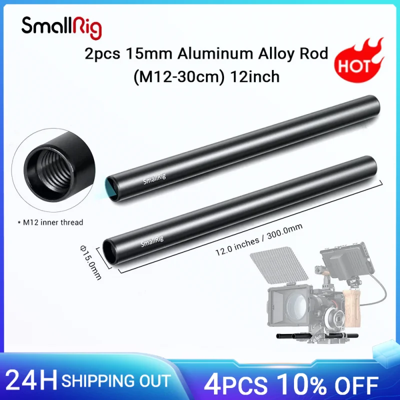 SmallRig-2pcs-15mm-M12-Black-Aluminum-Alloy-Rod-12-Inch-for-DSLR-Camera ...
