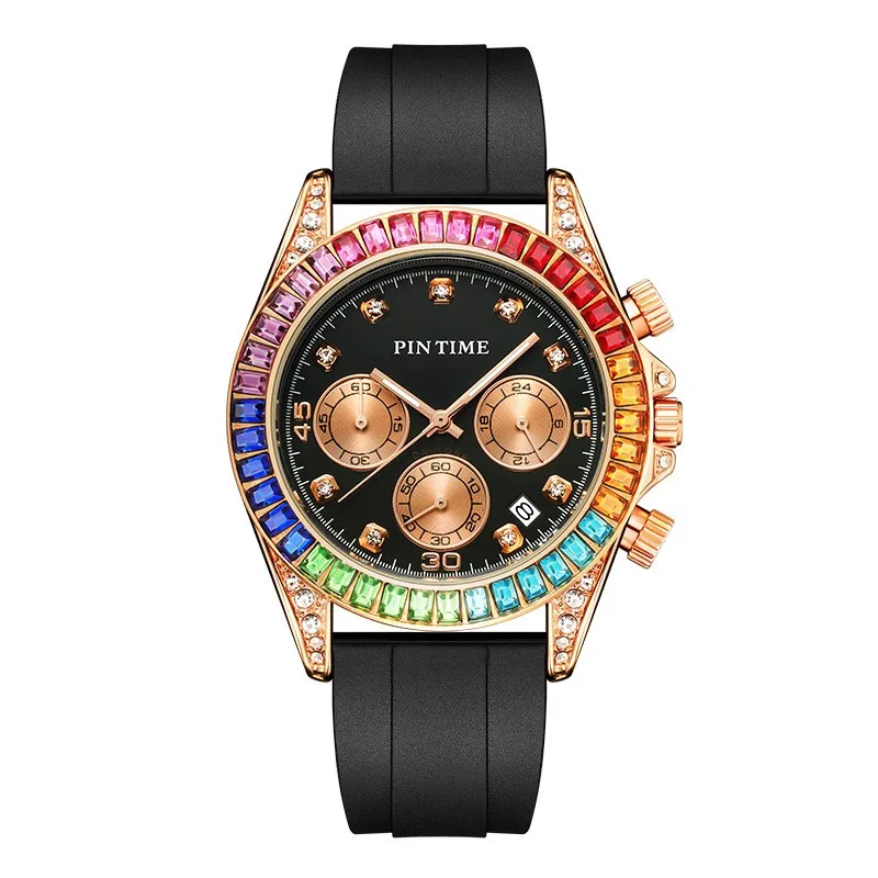 PINTIME Watch for Men Iced Out Colored Diamonds Case Silicone Strap ...