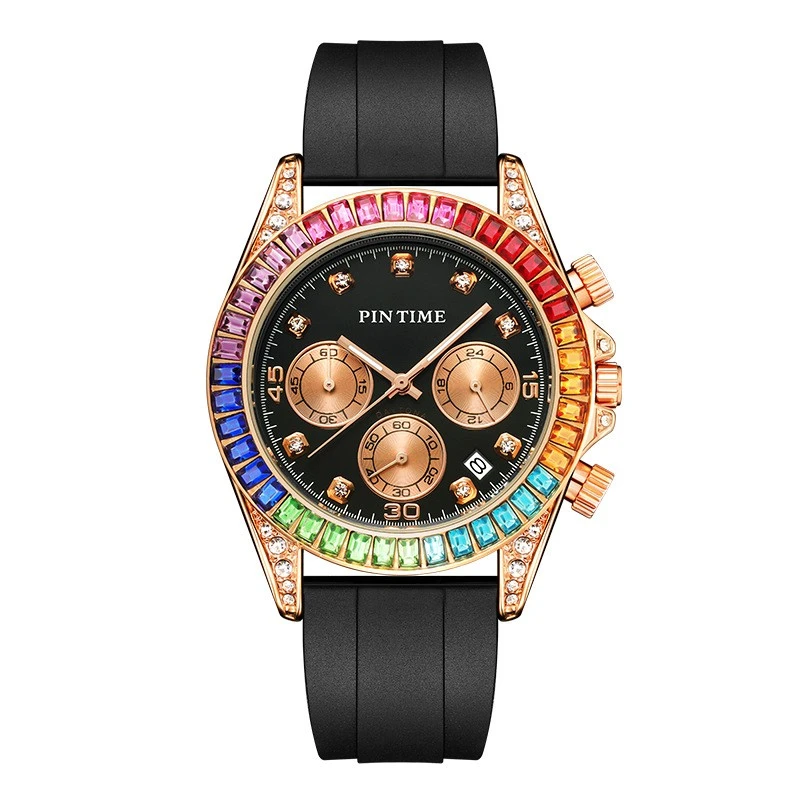 PINTIME Watch for Men Iced Out Colored Diamonds Case Silicone Strap ...