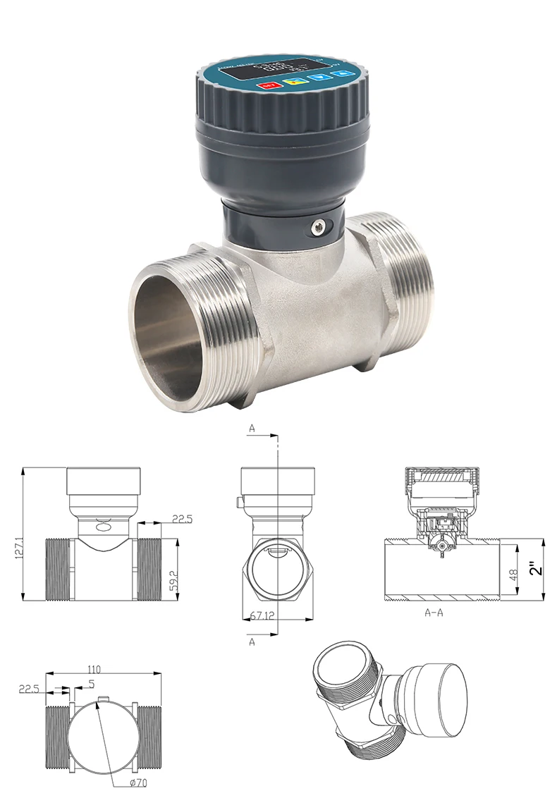 RS485 Electronic Digital Display Flowmeter Stainless Steel Male/Female ...