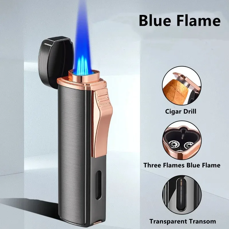 Triple jet flame butane lighter, cigar lighter, windproof blue flame ...