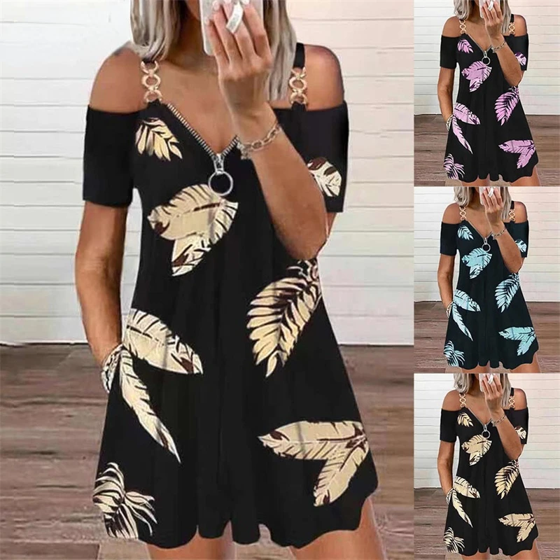 2021-Summer-Printed-Short-Sleeve-Off-Shoulder-Dress-Women-Sexy-Loose-V ...