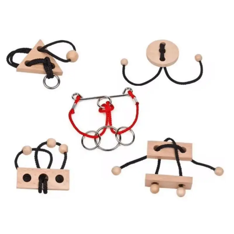 Metal-Wooden-Rope-Puzzle-Logic-Mind-Brain-Teaser-String-Loop-Rings ...