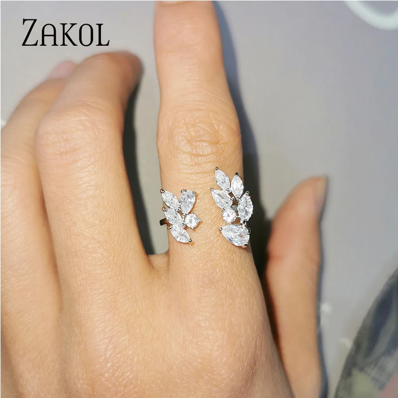 ZAKOL New Fashion Charm AAA Cz Wedding Ring Leaf Shape Clear Cubic Zirconia Rings for Women ...