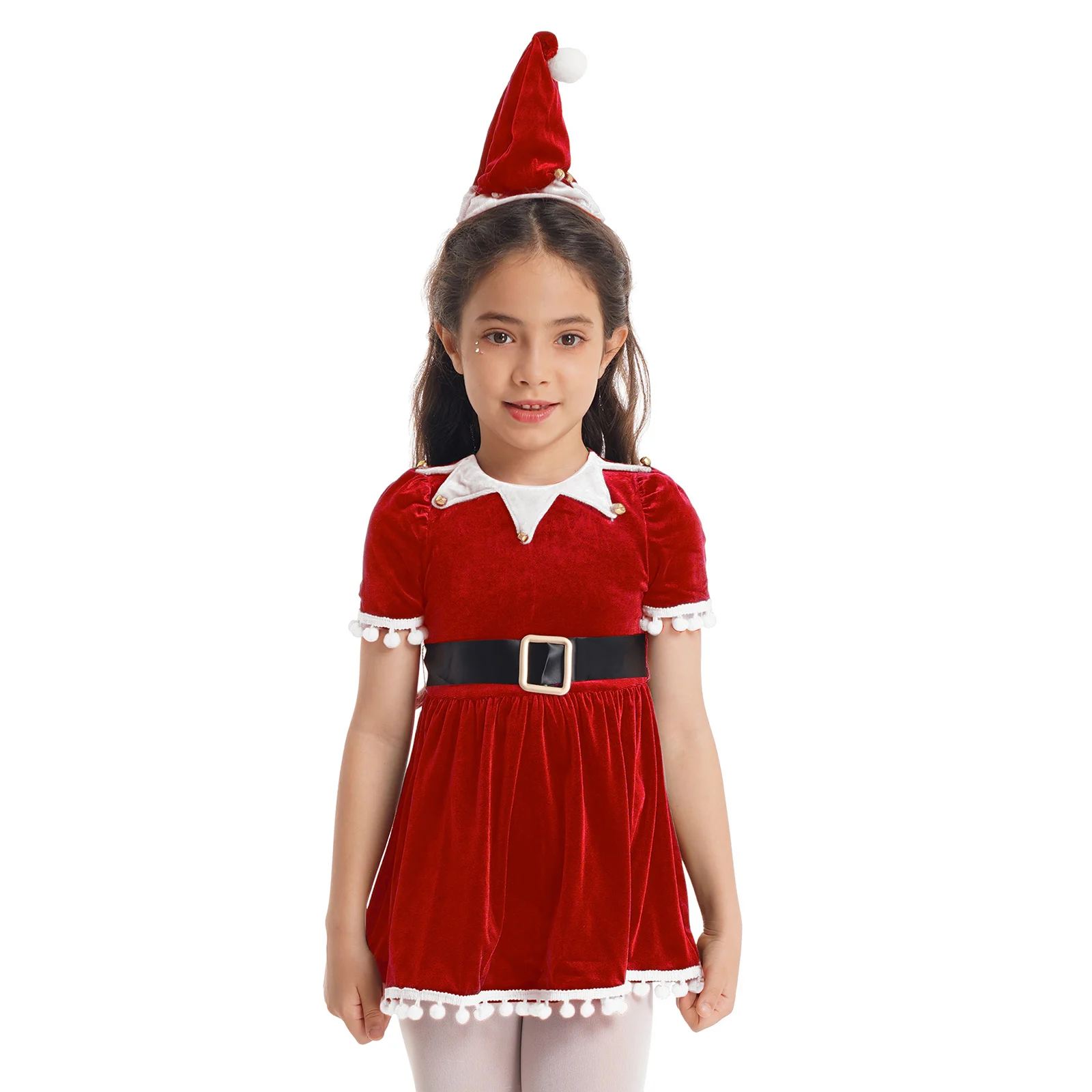 Girls-Christmas-Santa-Claus-Elf-Costume-2024-Velvet-Ruffled-Sleeves ...