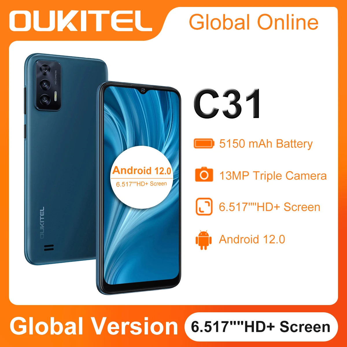Oukitel C31 هاتف ذكي متين أندرويد 12 5150mAh 3GB + 16GB الثلاثي الكاميرا الخلفية الهاتف المحمول ...