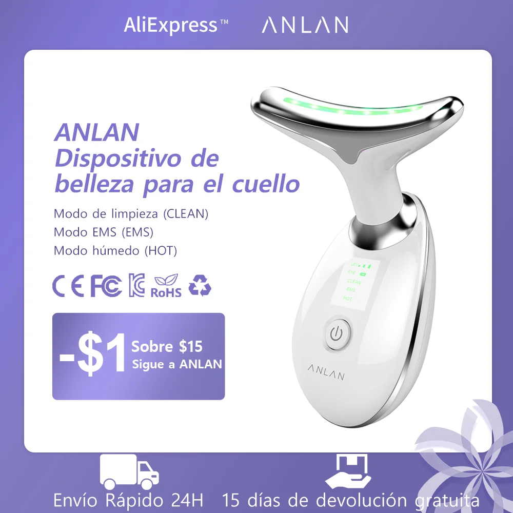 ANLAN Dispositivo de belleza facial para cuello, terapia de fotones LED de 3 colores, tensado de ...
