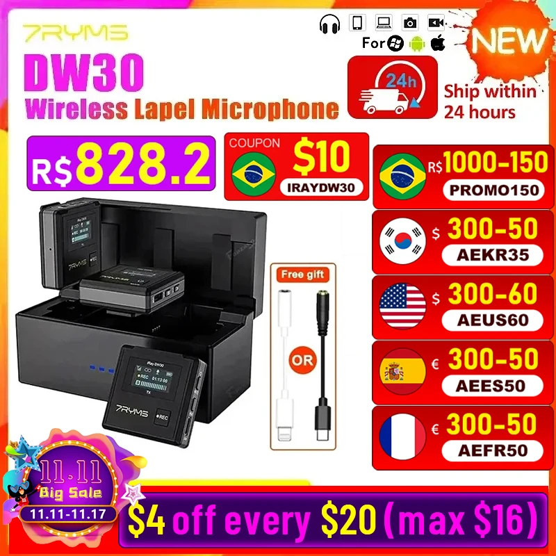 In-Stock-DW30-7RYMS-iRAY-Wireless-Lapel-Microphone-8G-Recording-2-4G-Dual-Channel-Professional ...