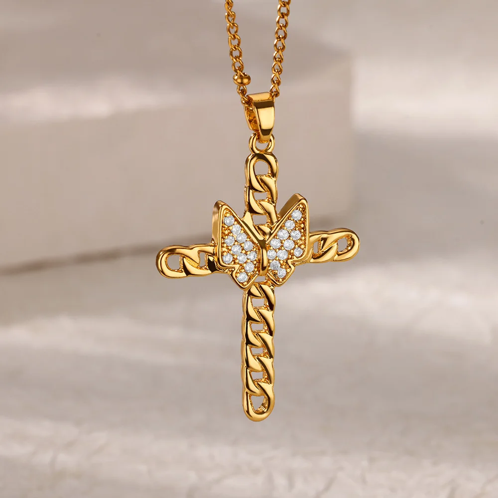 Butterfly-Element-Cross-Pendant-Necklace-for-Women-Beads-Chain-Cubic ...