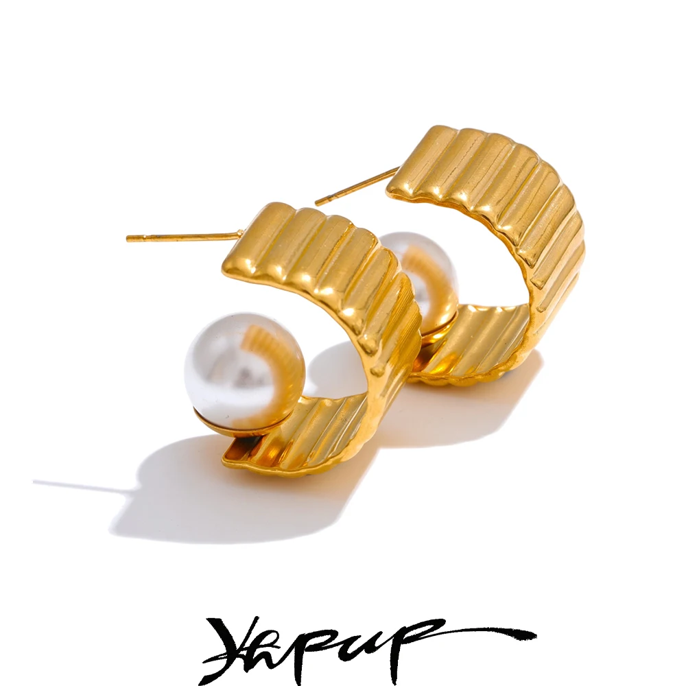 Yhpup Fashion Simulated Pearls C-Shape Geometric Huggie Earrings for ...