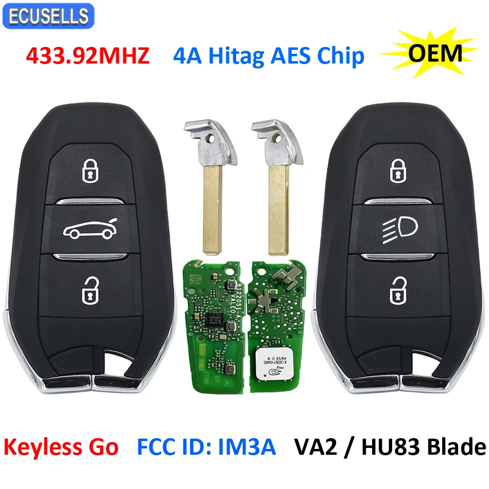 Ecusells 오리지널 3B 원격 카드 자동차 키, 433.92MHz 4A HITAG AES NCF29A1M 칩, 푸조 508 ...