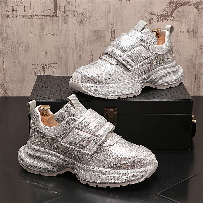 New Luxury Men Showy Silver Rhinestone Casual High Top Shoes Flats Male ...