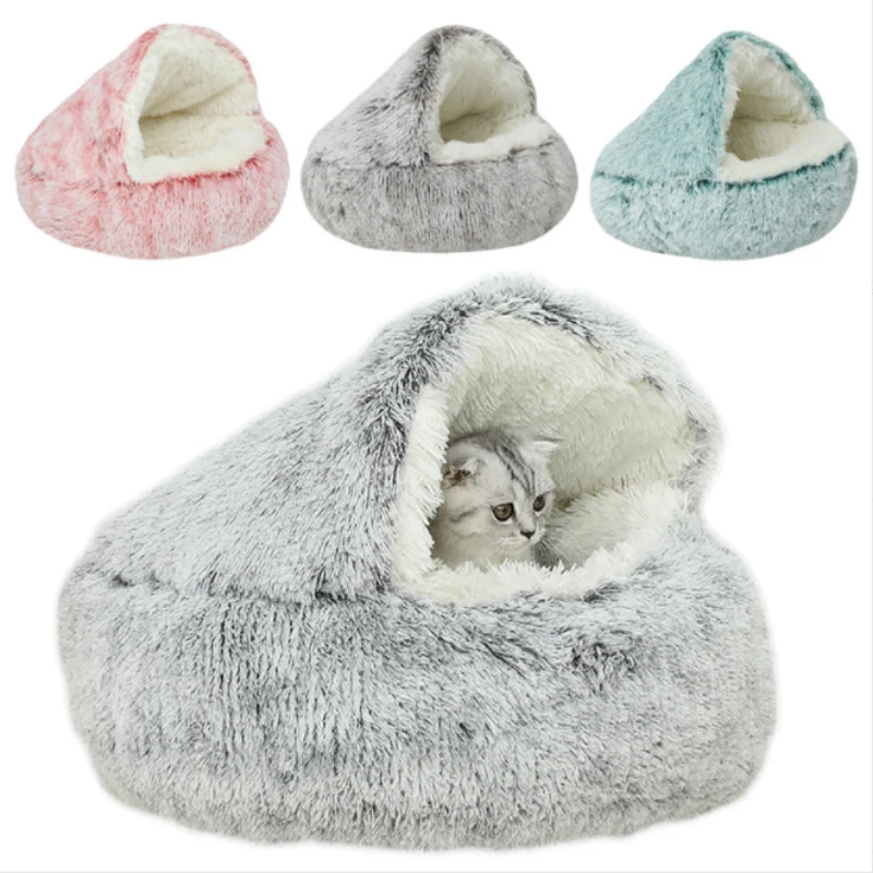 Winter Plush Pet Cat Bed Round Cat Cushion Cat House 2 In 1 Warm Cat ...