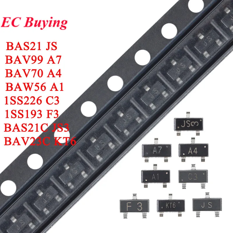 100pcs-lot-BAW56-A1-BAV70-A4-BAV99-A7-BAV23C-KT6-BAS21C-JS3-BAS21-JS ...