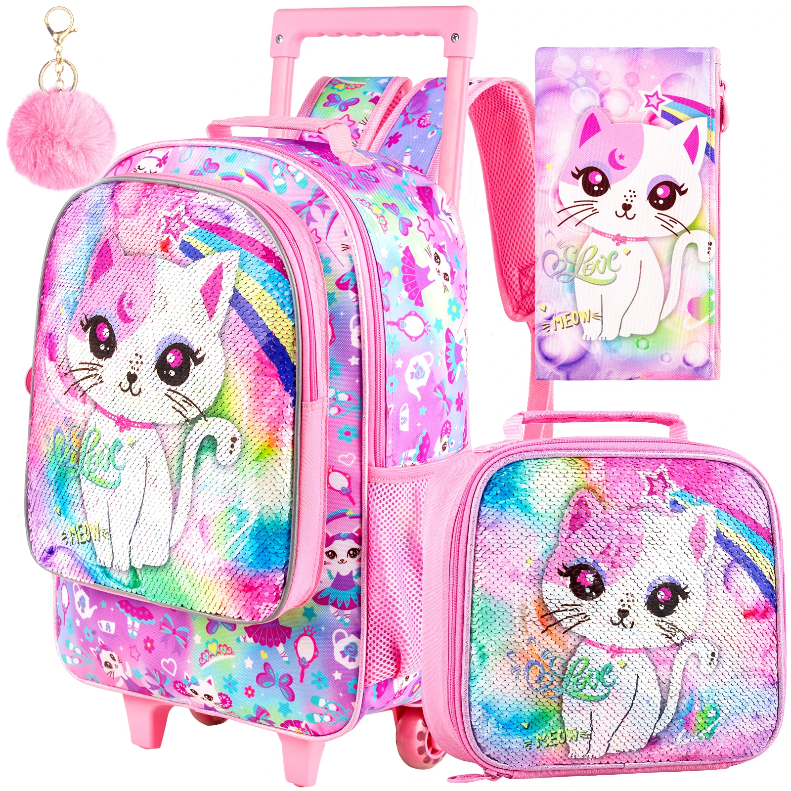 4PCS-Kids-Rolling-Backpack-for-Girls-Cute-Cat-Sequin-Wheeled-Bookbag ...