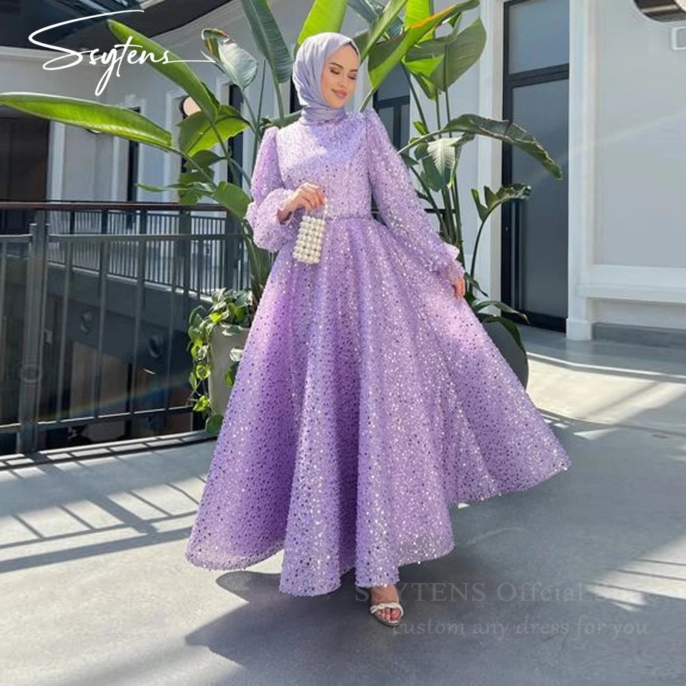 Luxury-A-line-Glitter-Muslim-Prom-Dresses-High-neck-Long-Sleeves ...