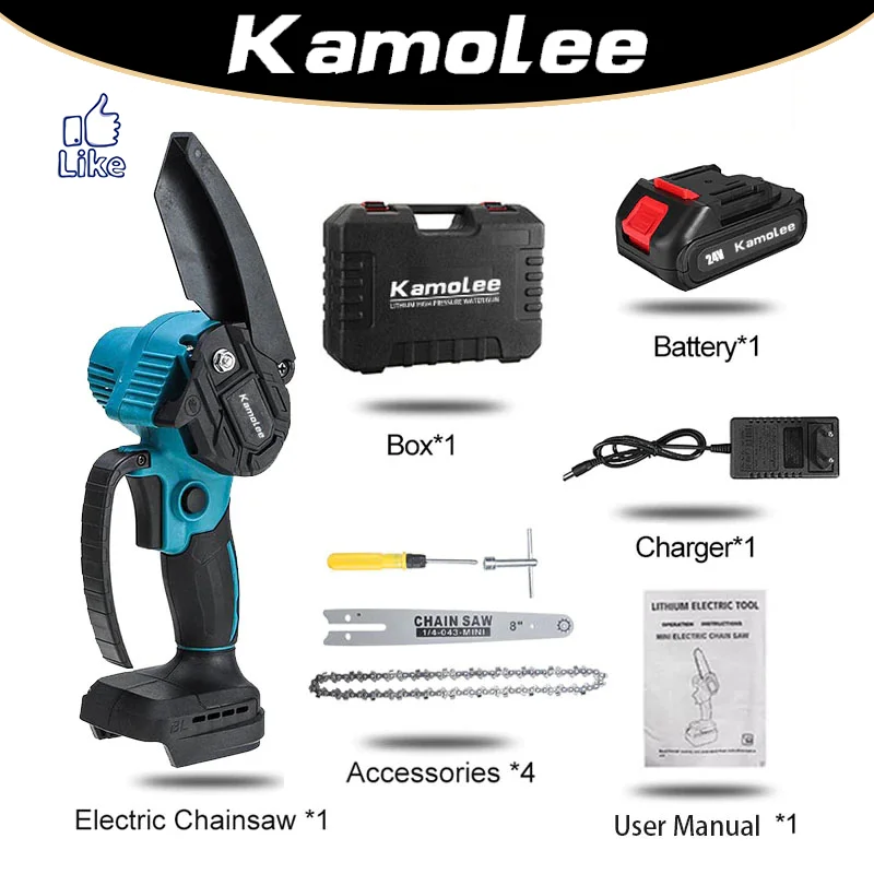 Kamolee 8 인치 무선 전기톱 1200w 전정 목공 도구 클래식 슈트, 1x3.0Ah 배터리 + 도구 상자 ...