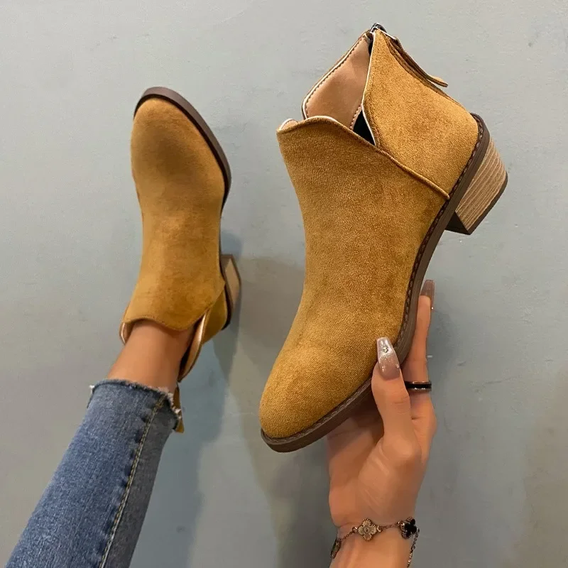 Botines de tacón bajo para mujer, zapatos sin cordones con punta ...