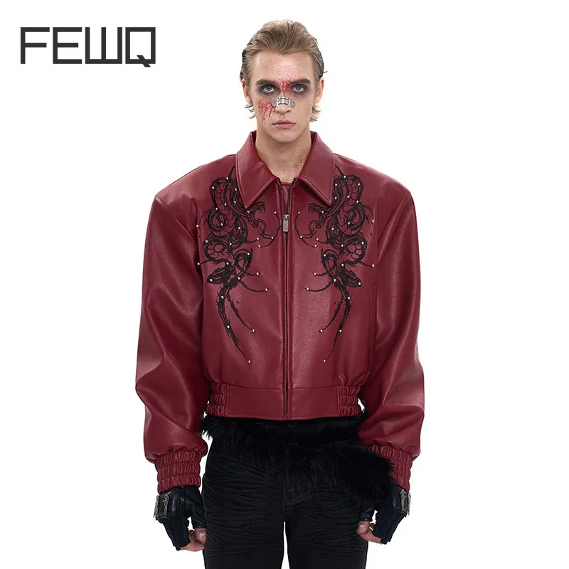 FEWQ High Street Men's PU Leather Jackets Turn-down Collar Embroidery ...