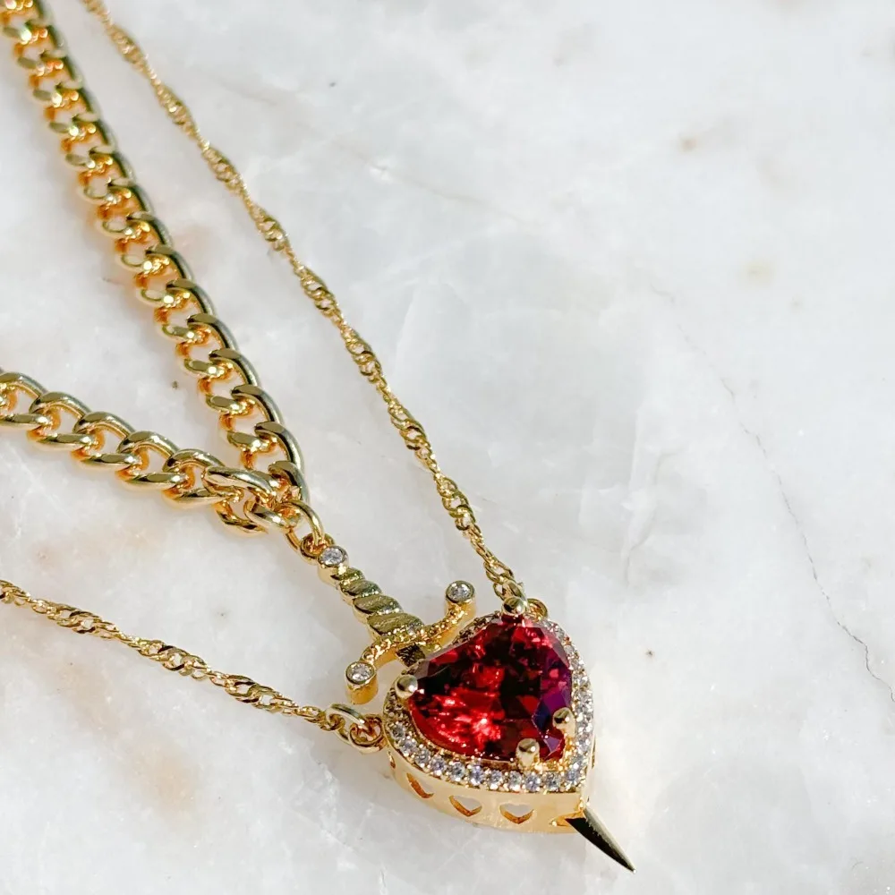 Fashionable arrow through the heart couple necklace copper red love ...