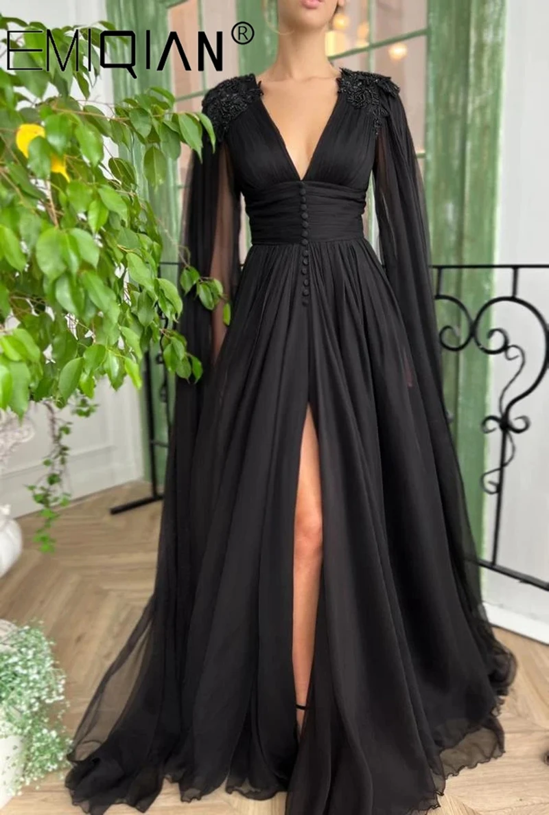 Evening Gowns Cape Sleeves | Formal Dress Cape Sleeves | Black Long ...