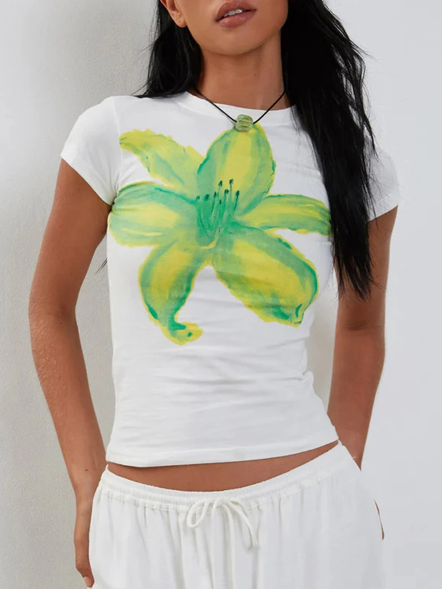 Women-Flower-Print-T-shirts-Summer-Crew-Neck-Short-Sleeve-Slim-Fit-Baby ...