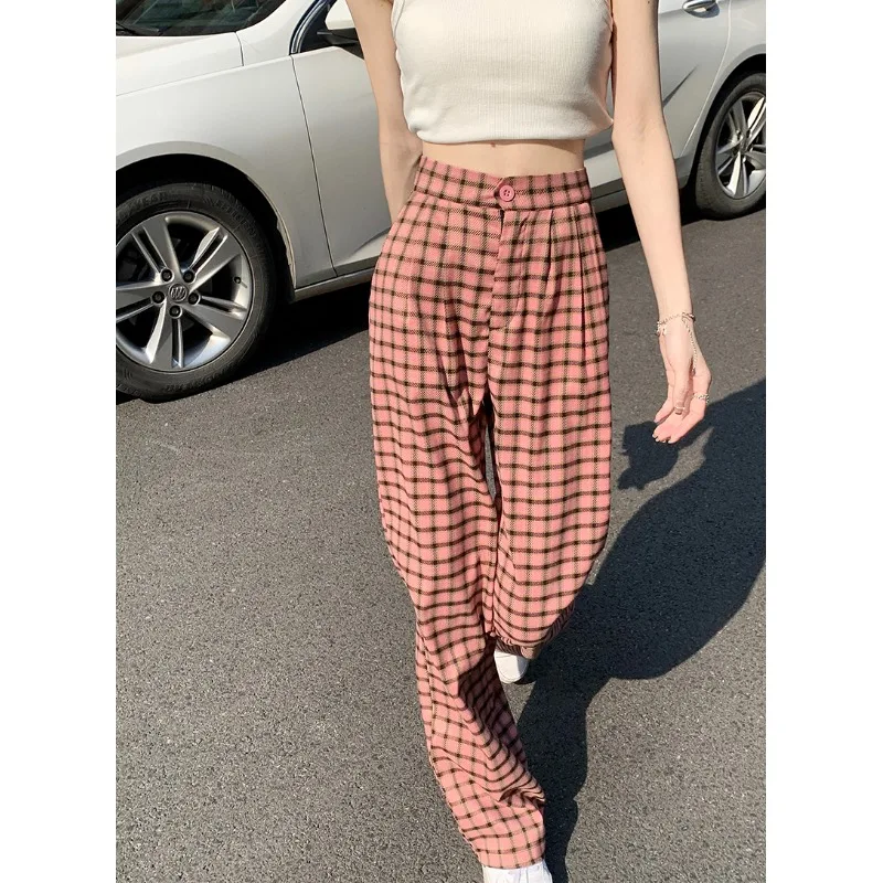 체크 무늬 바지 여성 여름 높은 허리 슬리밍 느슨한 올 매치 드레이프 넓은 다리 바지 복고풍 홍콩 맛 세련된 스트레이트 캐주얼