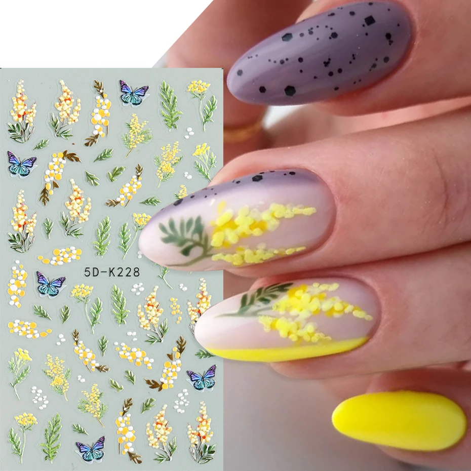 Yellow Mimosa Flower Relief Nail Stickers 5D White Daisy Sakura Peony ...