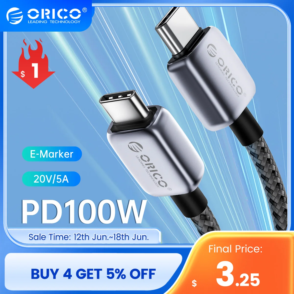 Orico 100w Pd Usb C Cable 5a Fast Charging Cord Type C Nylon Braid For ...