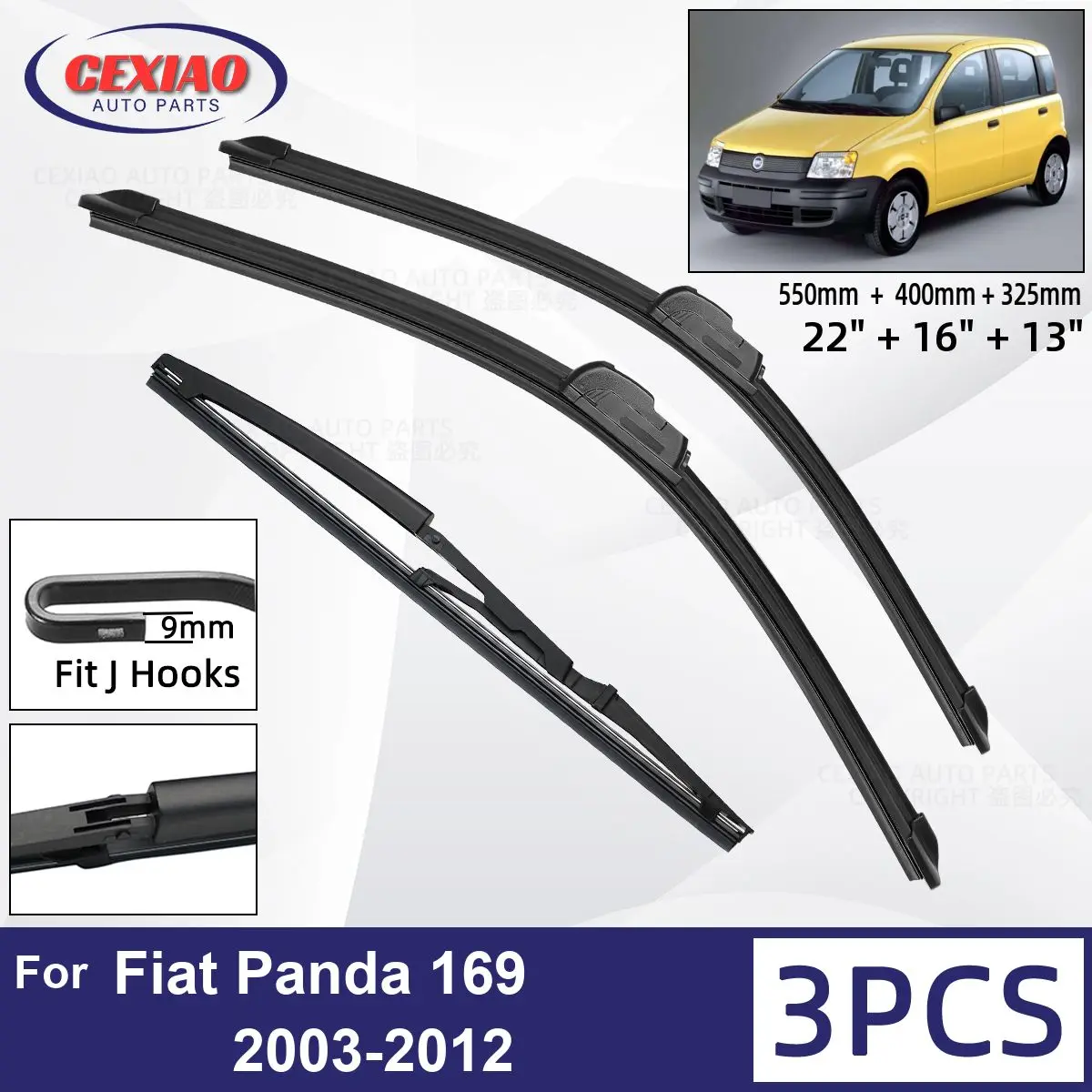 For Fiat Panda 169 2003 2012 Car Front Rear Wiper Blades Soft Rubber ...