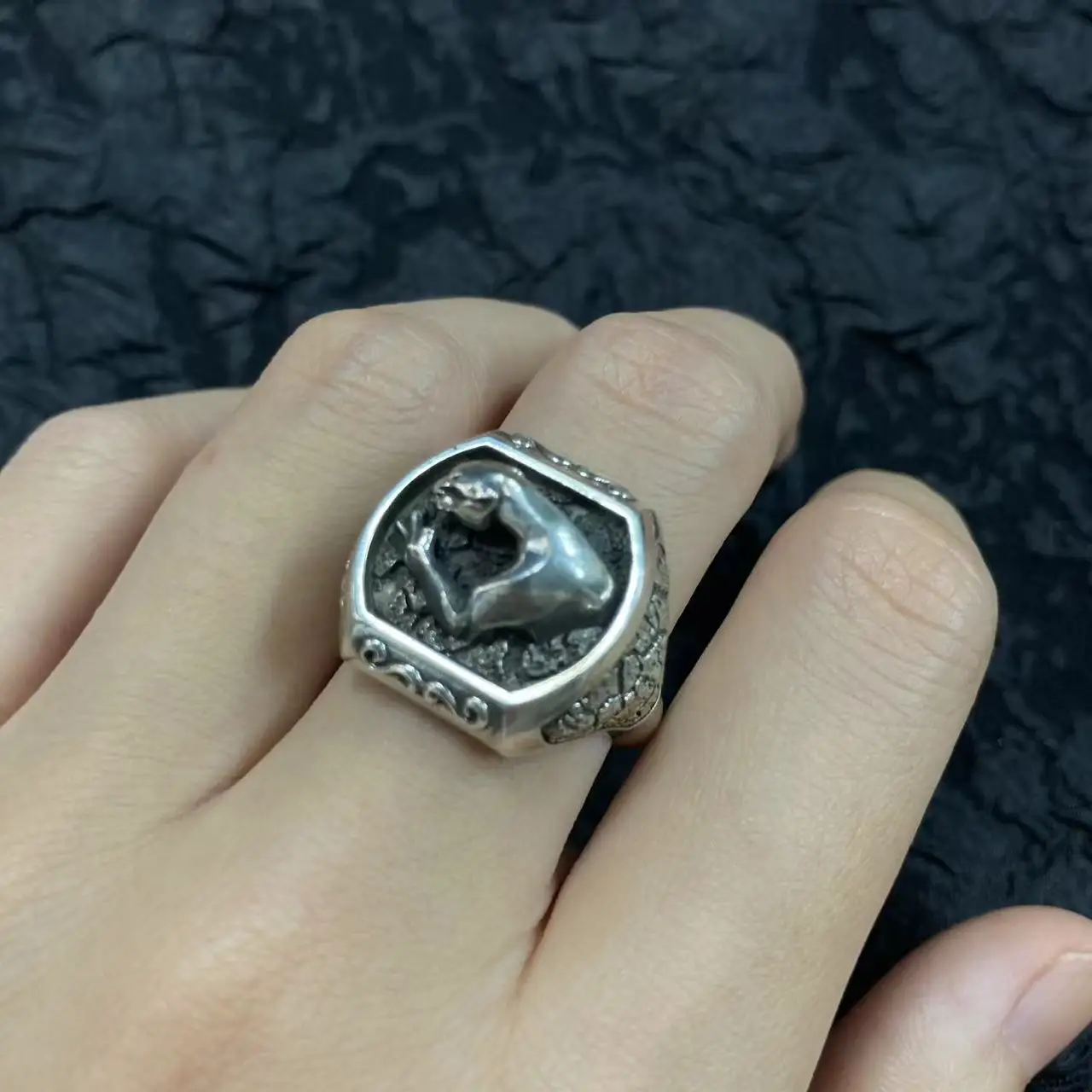 S925-Silver-Vintage-Made-Old-Cheetah-Oxidized-Black-Ring-Punk-Wind-Men ...