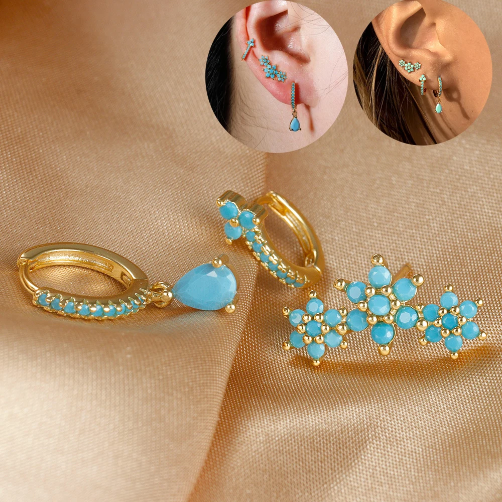 3PCS Stainless Steel Hoop Earring Sets for Women Small Blue Cubic ...