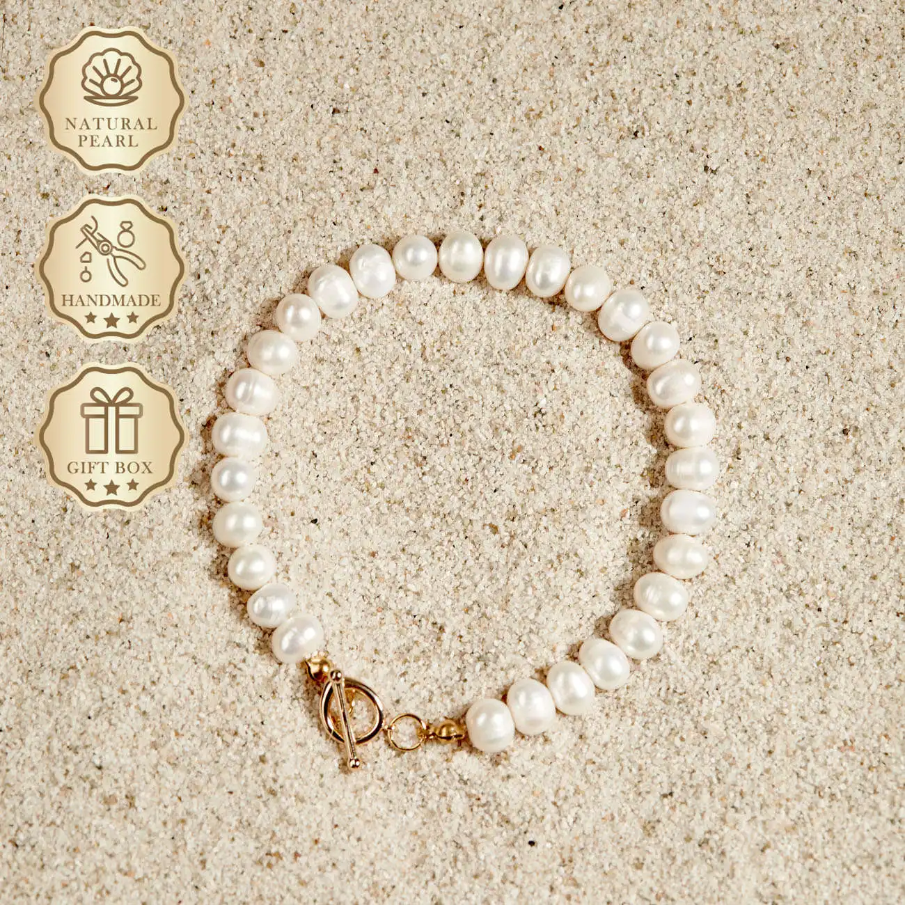 MYSOYA White Freshwater Pearl Bracelet 7–8mm with Gold OT Clasp, Gift ...