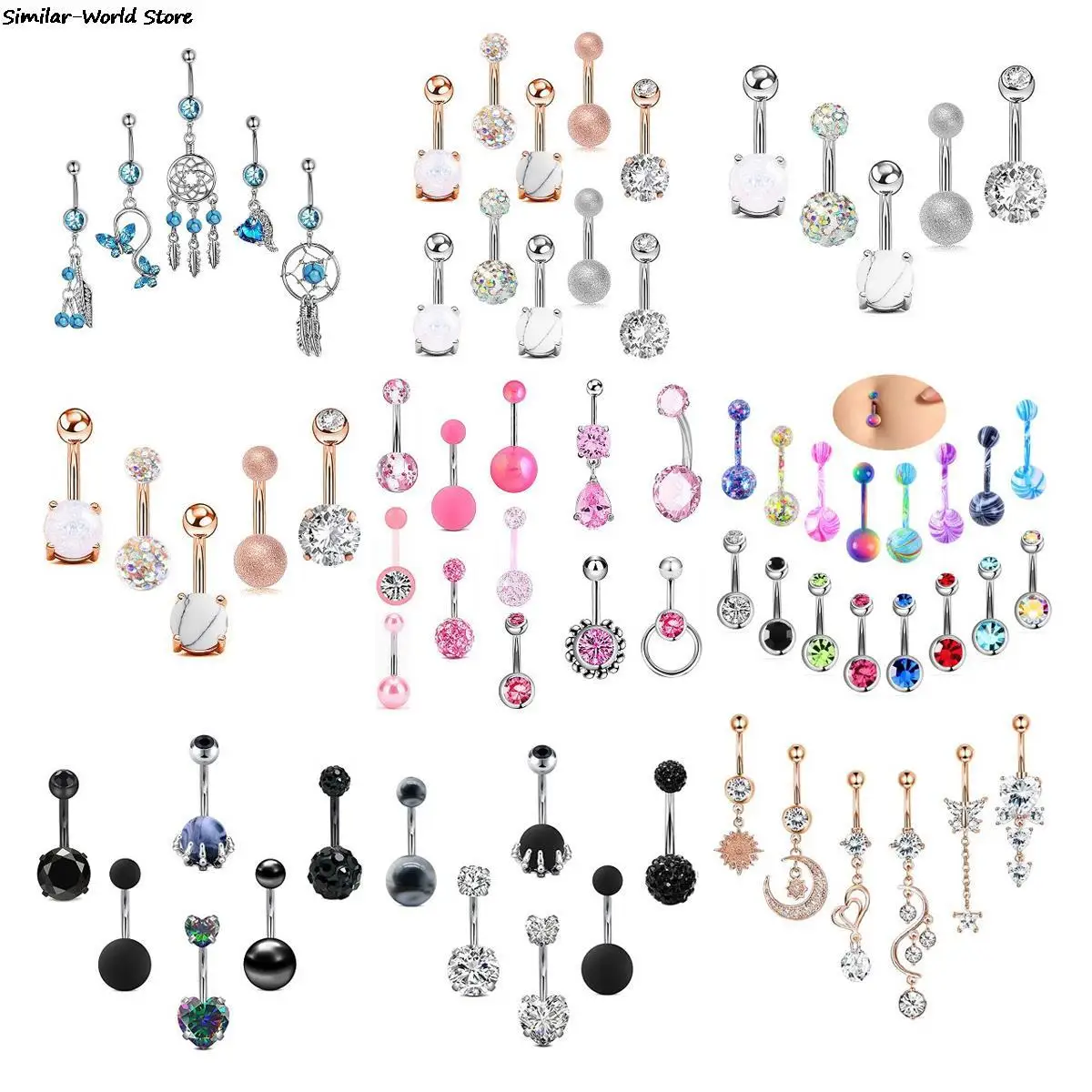 5-6PCS-Set-Cute-Dangle-Belly-Ring-Pack-14G-Navel-Piercing-Bulk-Sexy ...