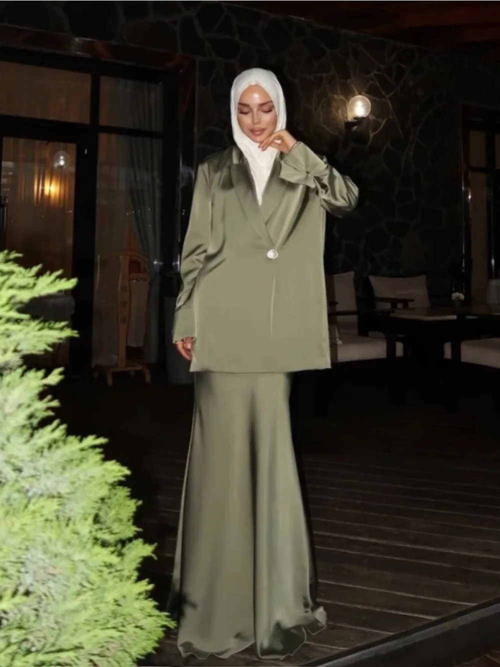 Eid Muslim Set Women Satin Top Shirt Skirt 2 Piece Set Blouse Solid ...