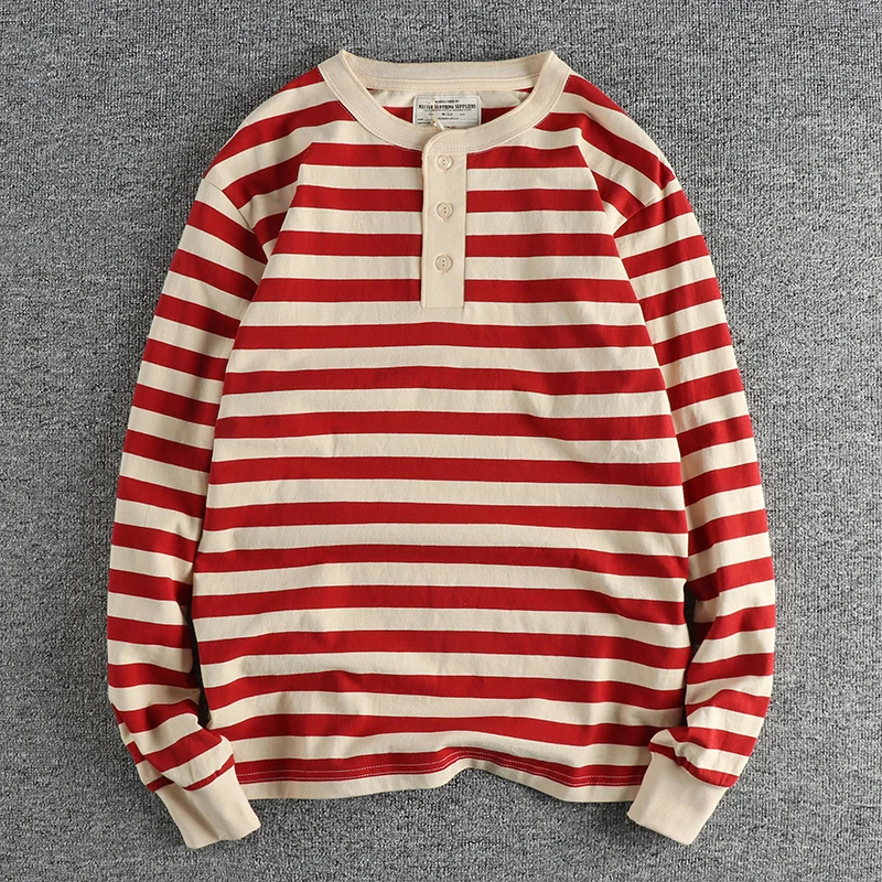 Autumn American Retro 230g Heavyweight Henry Collar Striped T-shirt Men ...