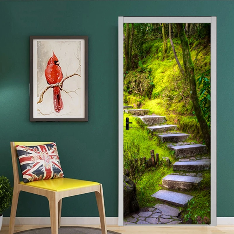 3D Wallpaper Green Forest Ladder Door Sticker Living Room Kitchen PVC ...