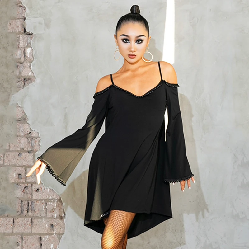 Vestido-de-baile-latino-para-mujer-ropa-negra-holgada-de-manga-larga ...