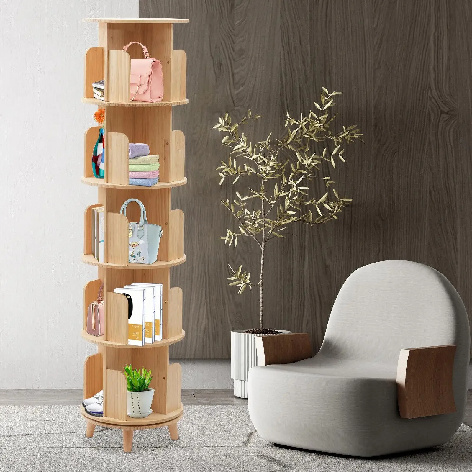 5 Layers Bookshelf Book Storage Display Rack 360 Rotating Floor Stand ...
