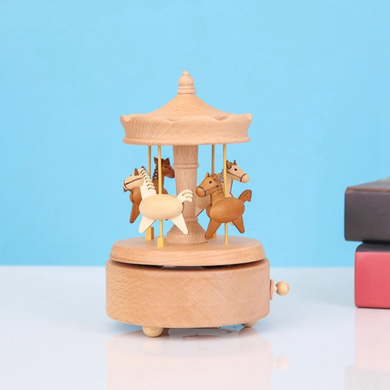 New-Hot-Carousel-Music-Box-Natural-Beech-Wood-4-Horse-Carousel ...