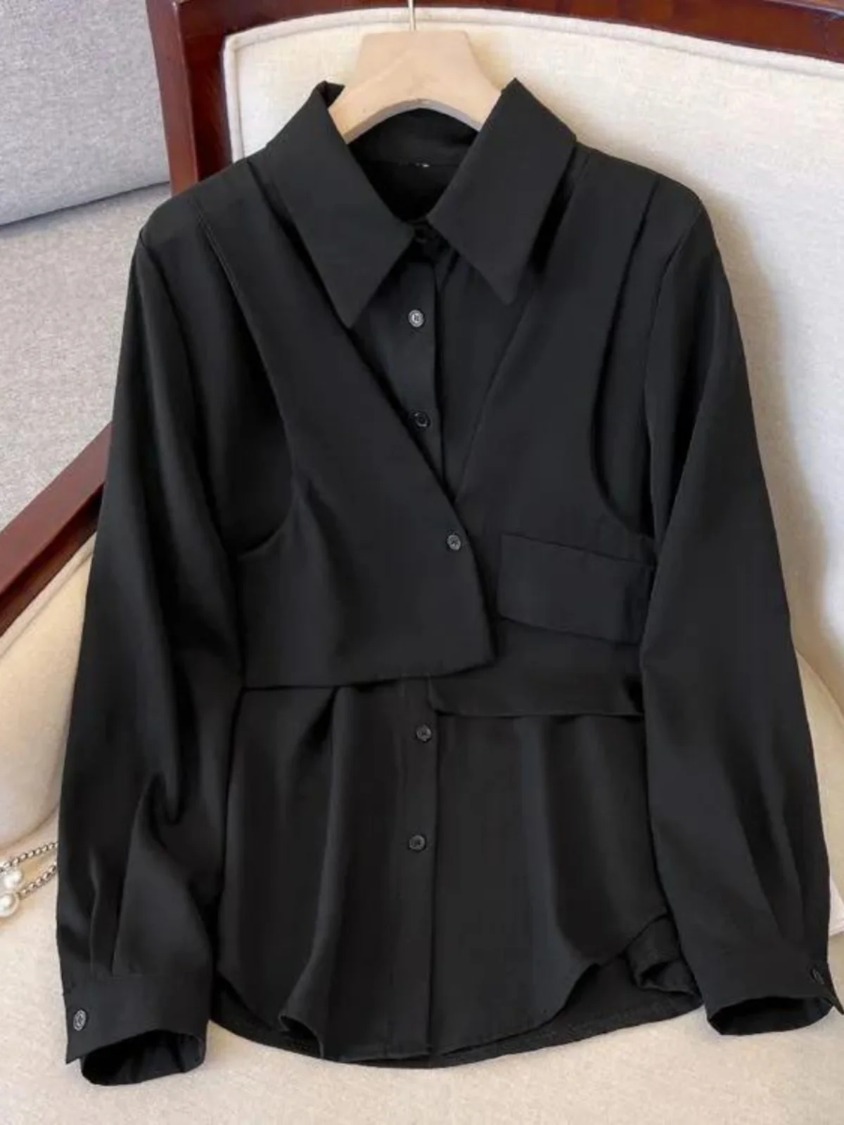 Elegant-Women-s-Fake-Two-Pieces-Black-Patchwork-Shirt-Chic-Vintage ...