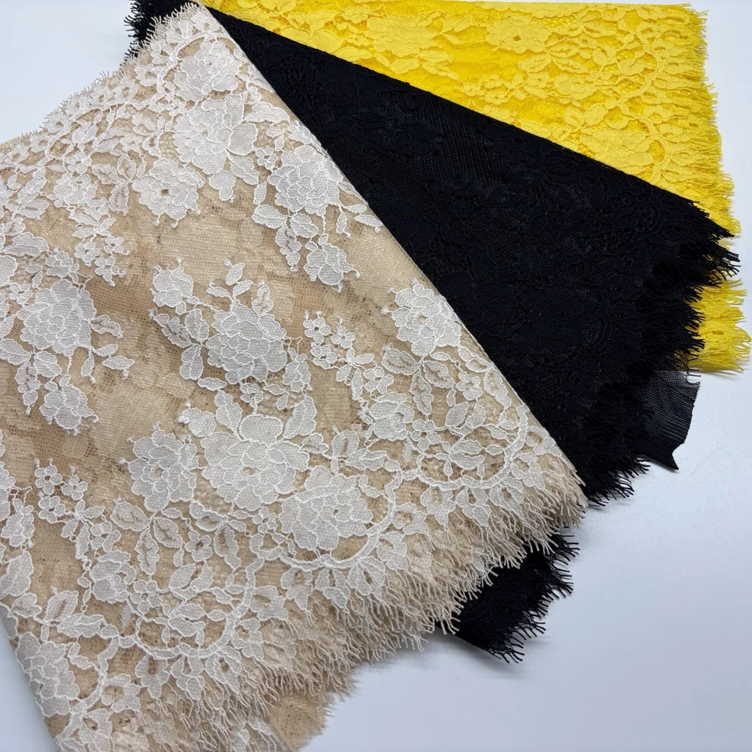 Golden Yellow Chantilly Bridal Lace Fabrics Floral Embroidered Beige ...