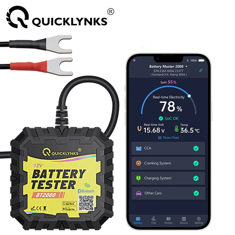 QUICKLYNKS BT2000 Bluetooth 12V Battery Test Monitor Battery Cranking ...